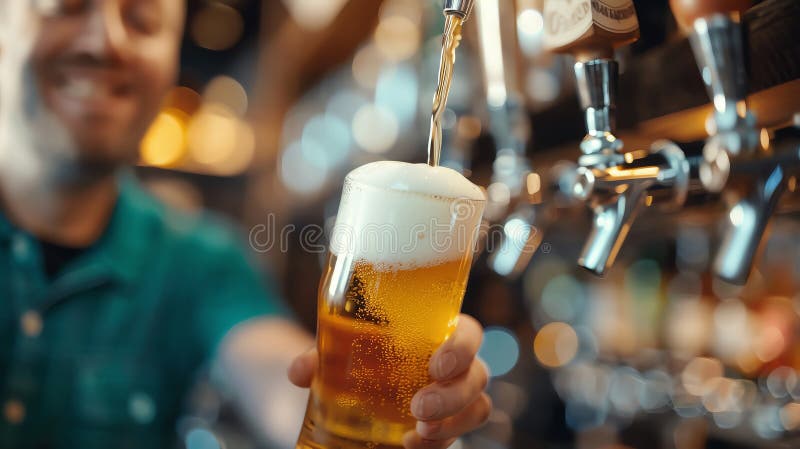 Bartender Pouring Fresh Pint, Rows of Beer Kegs, Cheerful Customer ...