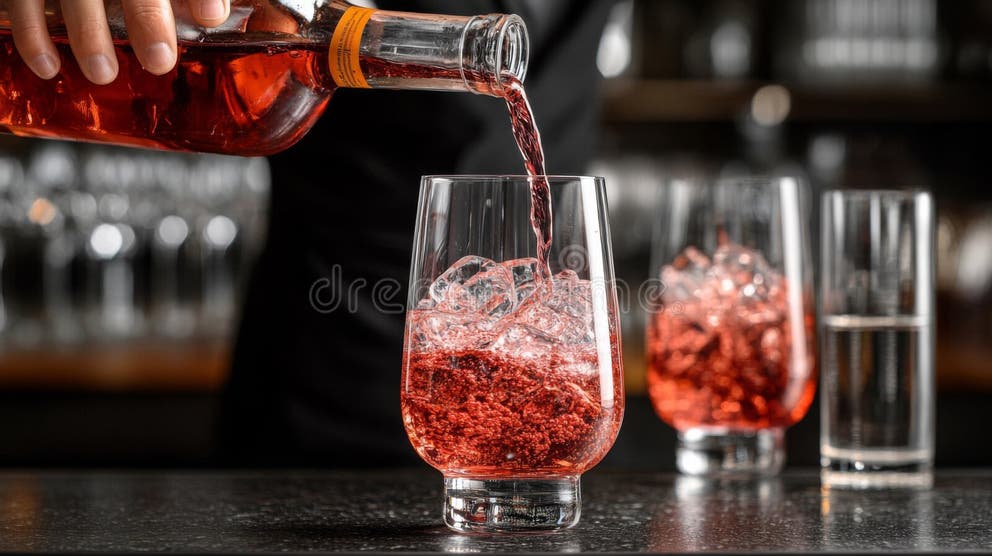 Bartender Pouring Rose Wine into Glass with Ice Stock Illustration ...