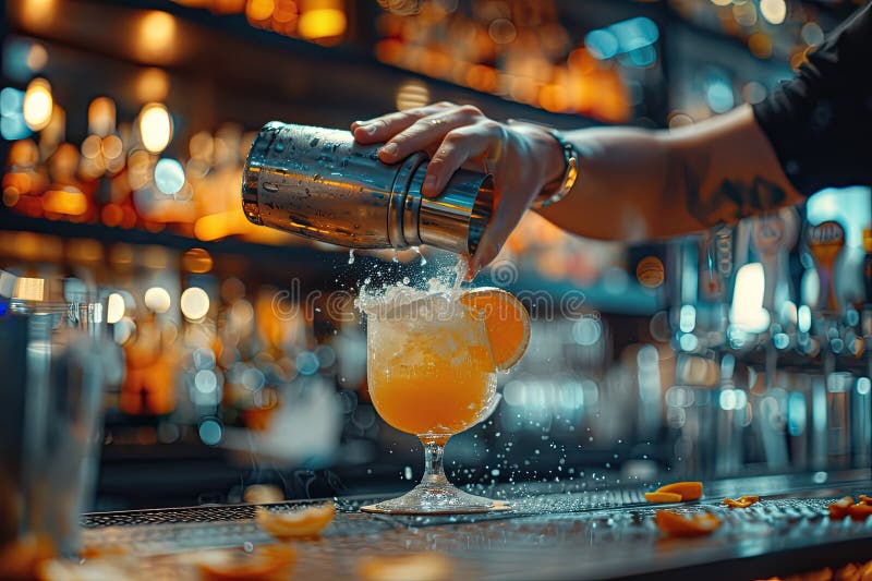 The Bartender Pours a Cocktail from a Shaker into a Glass, Creating a ...