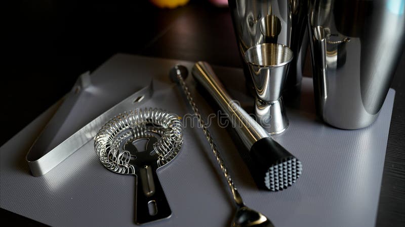 Bartender& X27;s Tools. Bar Cocktail Utensils. Stock Photo - Image of ...