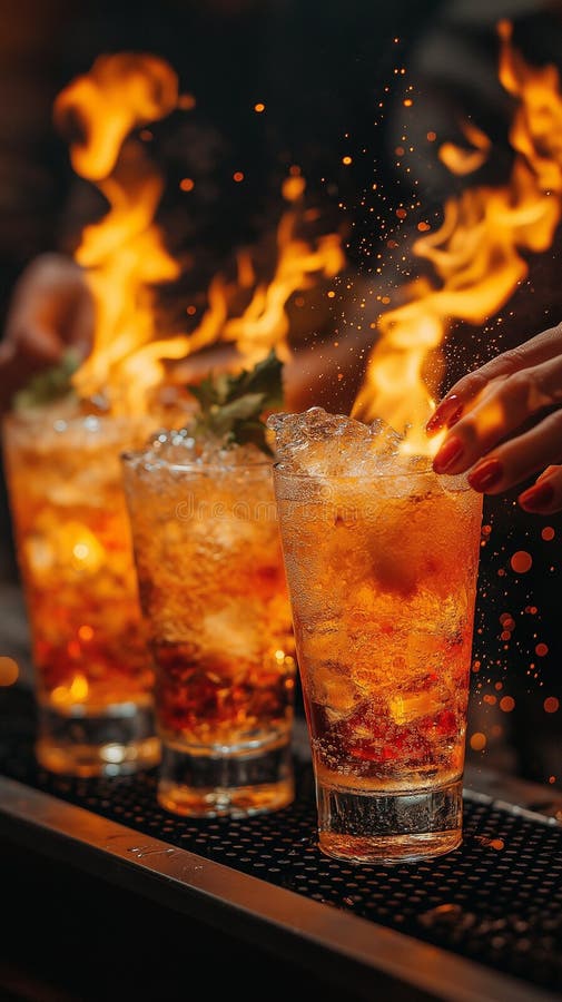 Bartender Serving Flaming Cocktail on Glowing Bar Counter Stock Photo ...