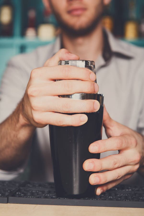 Bartender Shaking and Mixing Alcohol Cocktail Stock Image - Image of ...