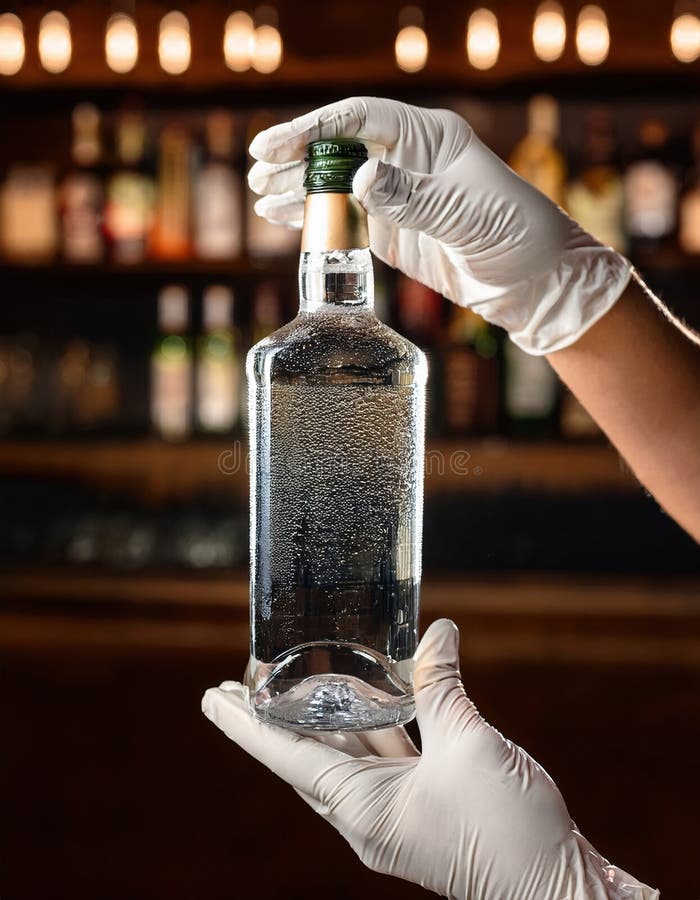 Bartender Showcasing a Vodka Sparkling Bottle in a Stylish Bar ...