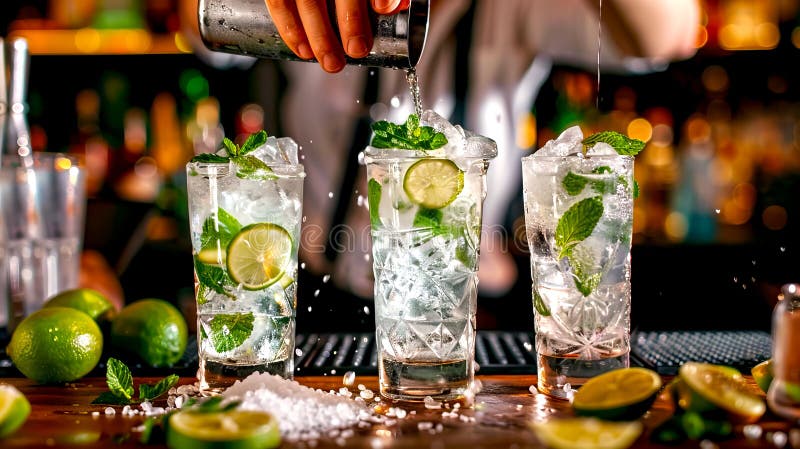 Bartender Pouring Refreshing Cocktails in a Lively Bar. the Image is ...