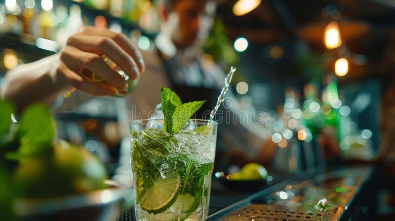 A Bartender Skillfully Preparing a Refreshing Virgin Mojito with Fresh Mint and Lime for a ...