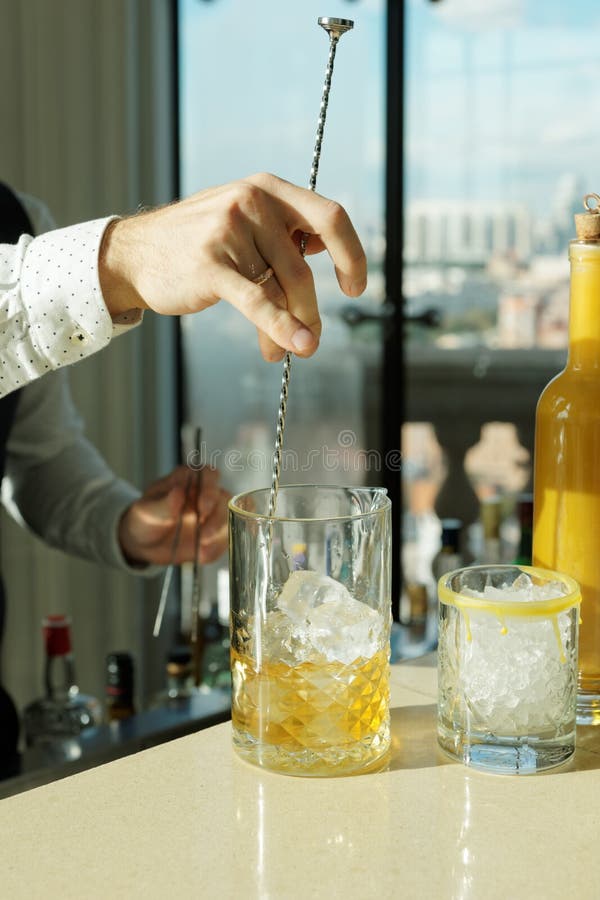 Bartender is Stirring Cocktail in Mixing Glass Stock Image - Image of ...