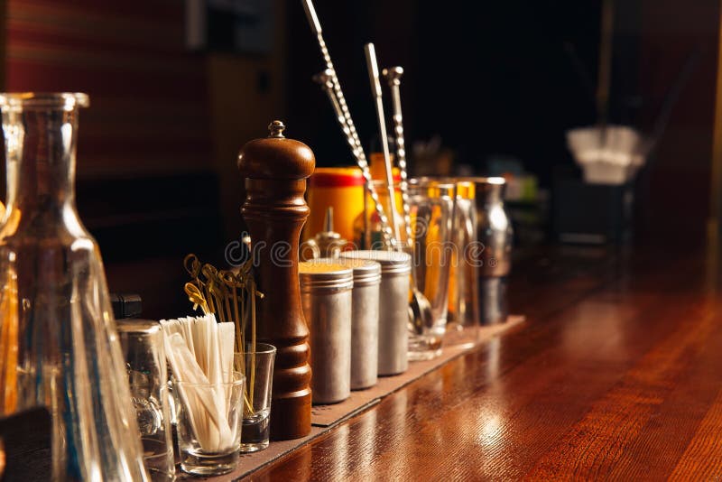 Bartender tools on bar stock image. Image of glass, sprout - 79072421