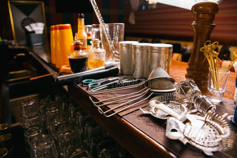 Bartender tools on bar stock image. Image of cozy, material - 79193475