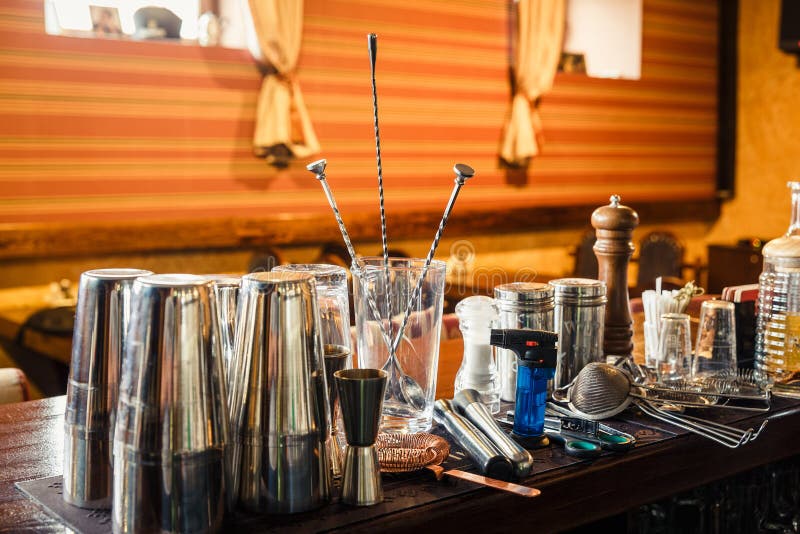 Bartender tools on bar stock photo. Image of liquor, bright - 87591006