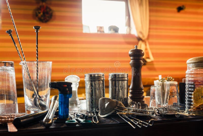 Bartender tools on bar stock image. Image of night, bitter - 87591155