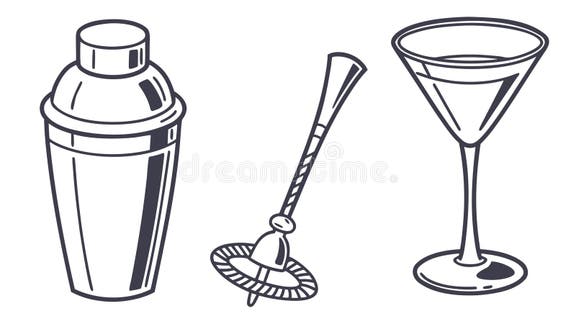 Bartender Tools, Shaker, Strainer, Martini Glass. Vector Design ...