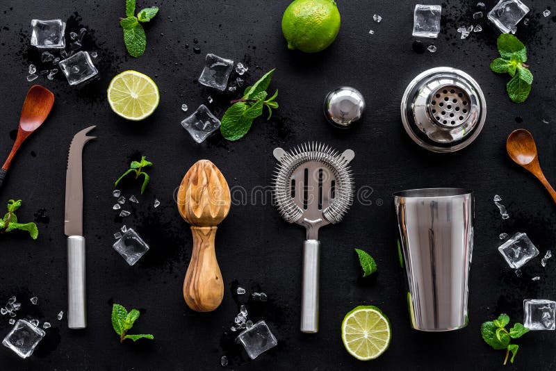 Bartender Work Desk with Equipment and Cocktail Ingredietns Shaker ...