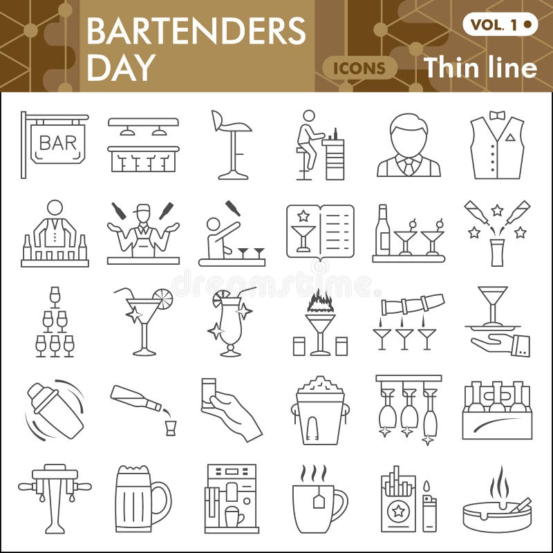 Bartenders Day Thin Line Icon Set, Bar or Pub Symbols Collection or ...