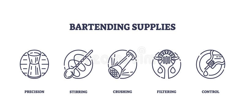 Bartending Supplies Icons Depict Tools Like Jigger, Muddler, and ...