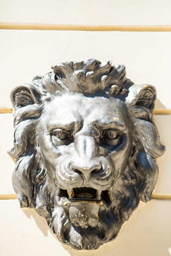 Bas-relief on the Wall of Light Concrete with a Lion`s Head Editorial ...