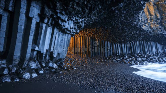 Basalt Columns Cave Beach Ocean Dark Golden Light Stock Illustration ...