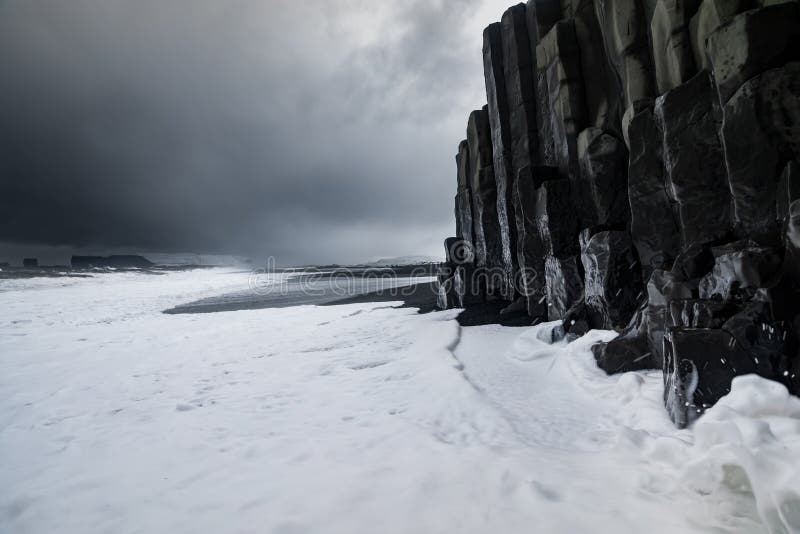 Basalt Rock Formations on Black Beach Reynisfjara at Storm, Vik ...