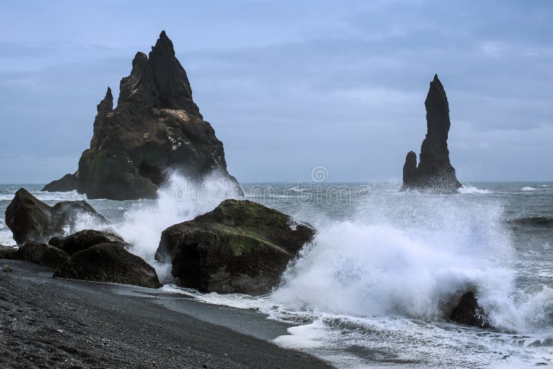 Basalt Sea Stacks Reynisdrangar Stock Image - Image of wave, iceland ...