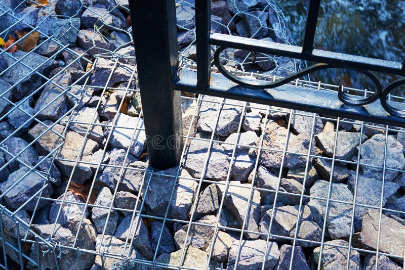 Base of the Bridge Railing on the Wall of the Riverbed Made of Gabions ...