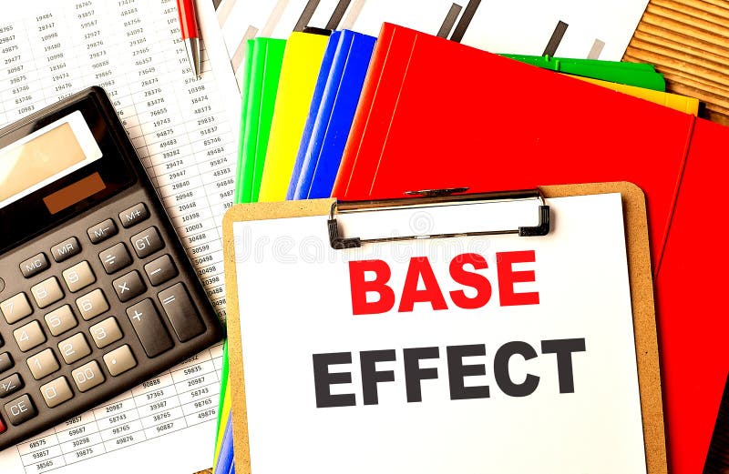 BASE EFFECT Text on Clipboard with Calculator and Color Folder Stock ...