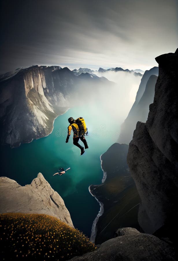 Base Jumping Off a Cliff. Generative AI. Stock Illustration ... Base Jumping Off a Cliff. Generative AI. Stock Illustration ...