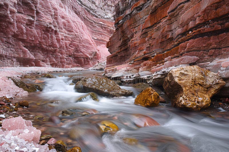 The Base of a Pink Salt Mountain with a Stream Flowing through ...