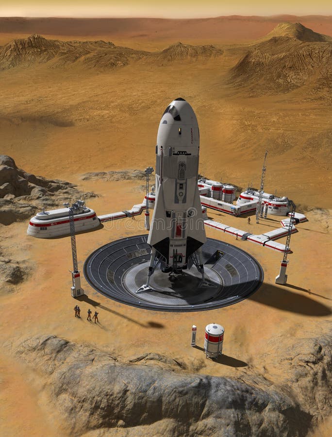 Base on Planet Mars with a Rocket Launch Pad Stock Illustration ...