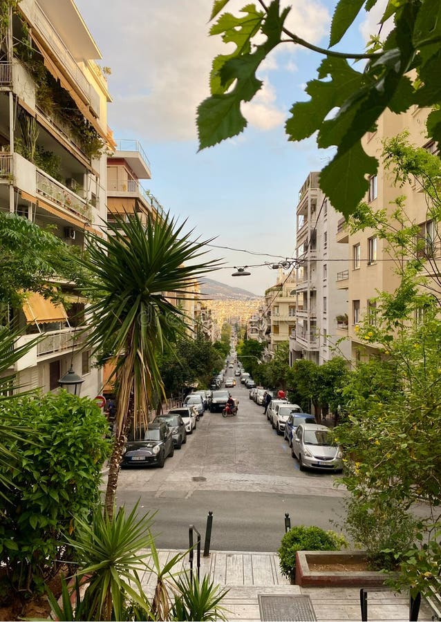 Athens Street with Sunset Light Editorial Stock Photo - Image of ...