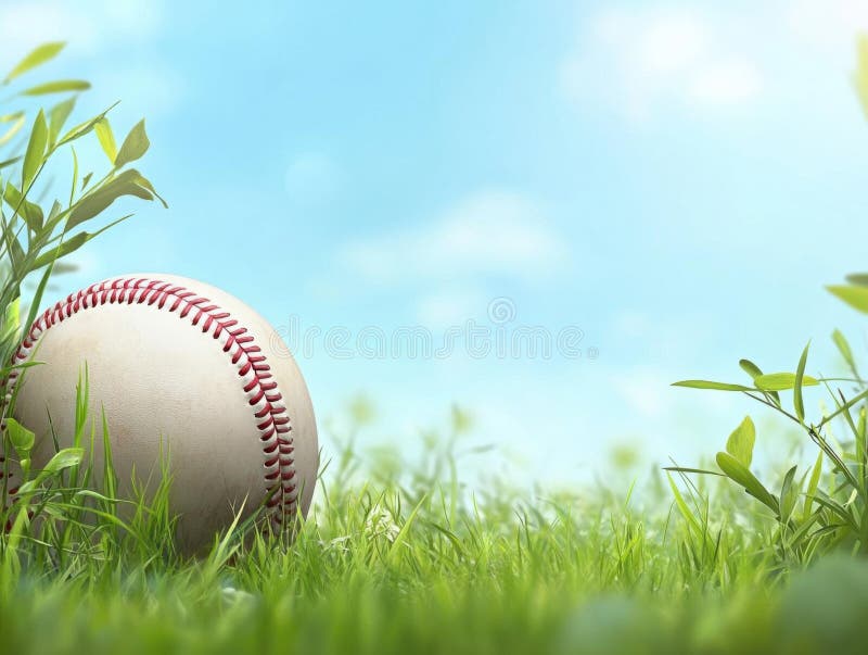 Baseball Ball on Green Grass with Blue Sky Background. 3d Illustration ...