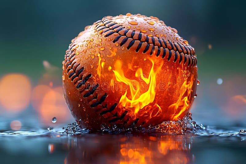 Baseball Ball Surrounded by Fire with Water Droplets and Dramatic ...