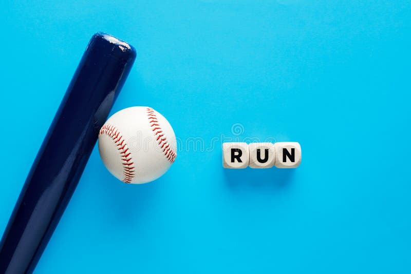 Baseball Bat and a Ball on Blue Background with the Word Run. Baseball ...