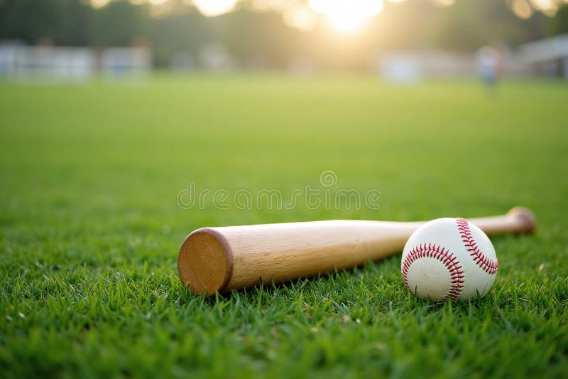Baseball Bat and Ball Resting on Green Grass Stock Illustration ...