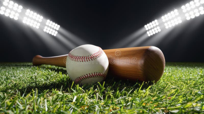 Baseball and Bat on Field Under Stadium Lights with Copy-Space Stock ...