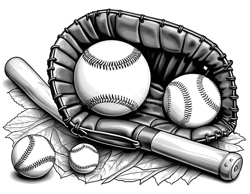 Baseball Bat with a Glove and Ball, Kids Coloring Page Featuring a ...