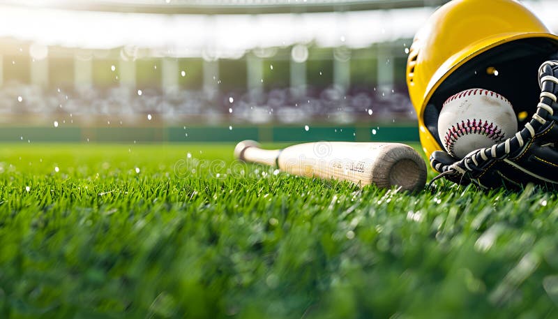 Baseball Bat, Glove, Helmet and Ball on Grass at Stadium. Banner Design ...