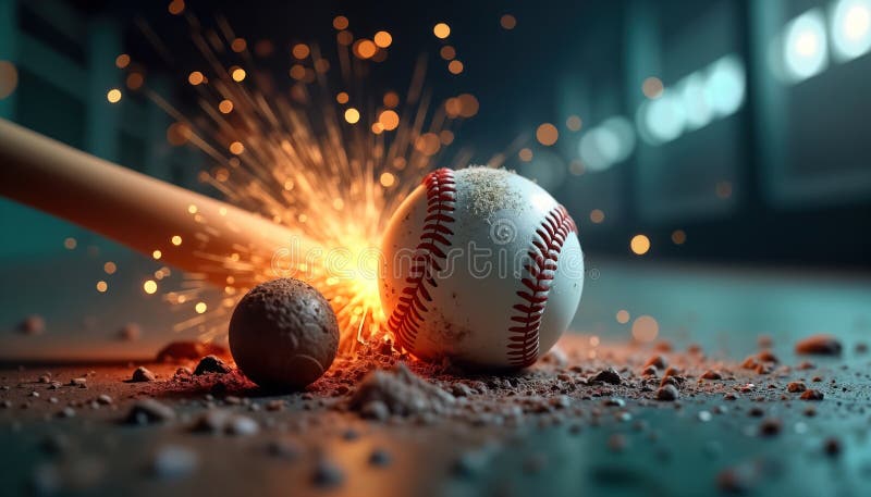 Baseball Bat Hits Ball Creating Sparks. Powerful Baseball Action Shot ...