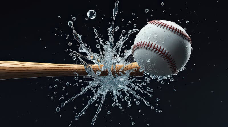 Baseball Bat Hitting a Baseball with Water Splash Against a Dark ...