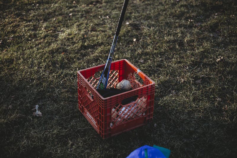 Baseball Bat and Baseball Inside Red Crate Stock Photo - Image of grass ...