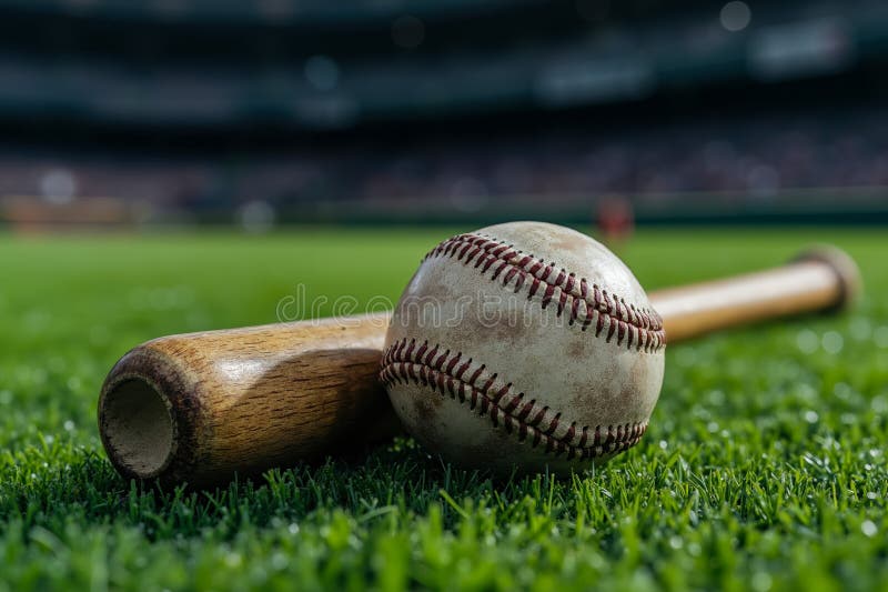 A Baseball and a Baseball Bat Sitting on the Grass Stock Photo - Image ...