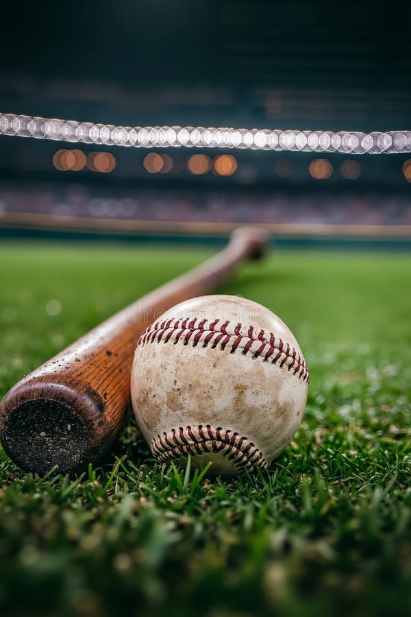 A Baseball and a Baseball Bat Sitting on the Grass Stock Image - Image ...