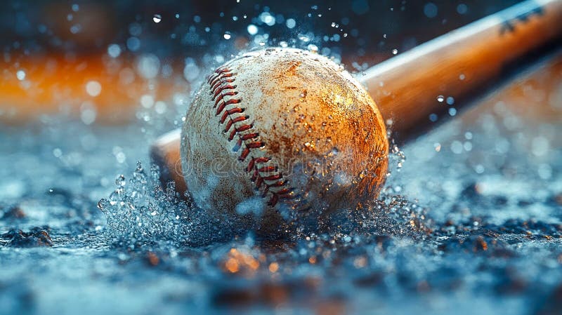 A Baseball Bat Striking a Wet, Muddy Baseball, Causing Water To Splash ...
