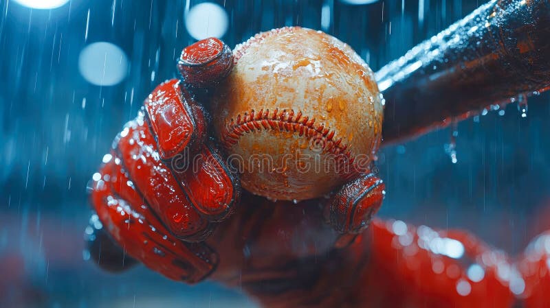 A Baseball Bat Striking a Wet, Muddy Baseball, Causing Water To Splash ...
