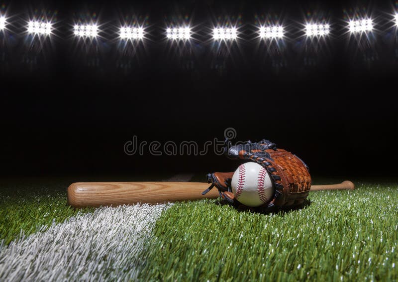 Baseball Batt Glove and Ball Low Angle on Grass Field with Stripe Below ...