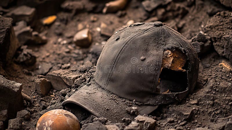 A Baseball Cap Sitting on Top of a Pile of Dirt Stock Image - Image of ...
