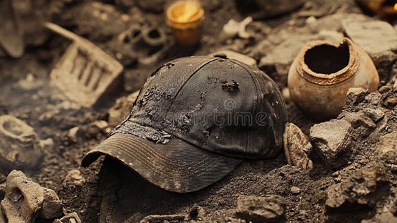 A Baseball Cap Sitting on Top of a Pile of Rubble Stock Photo - Image ...