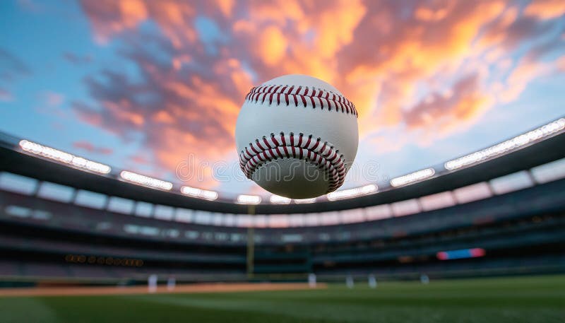 A Baseball is Captured Mid Air Inside Stadium during Vibrant Sunset ...
