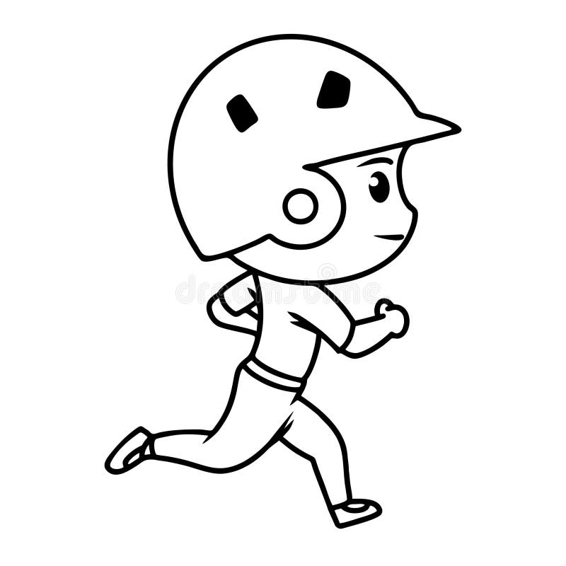 Baseball Chibi Character with Helm in Running Pose in Black Line Art ...