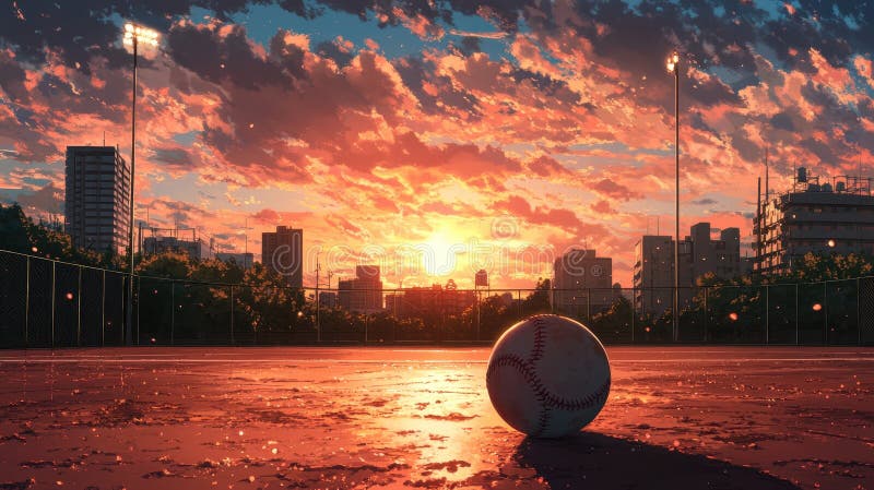 Baseball on a City Rooftop during a Sunset Stock Illustration ...