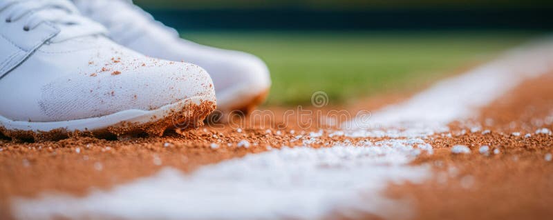 Baseball Cleats Near the Base Line, with Chalk Dust and Dirt in Sharp ...