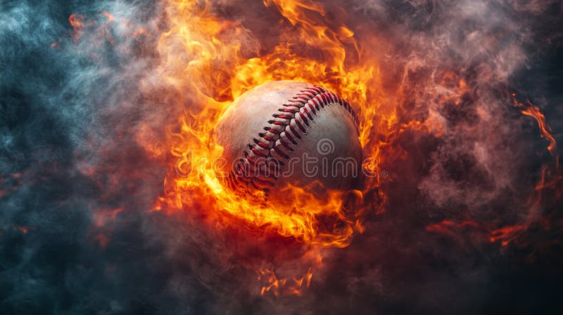 Baseball Engulfed in Flames with Smoke Swirling, Dramatic Sports ...